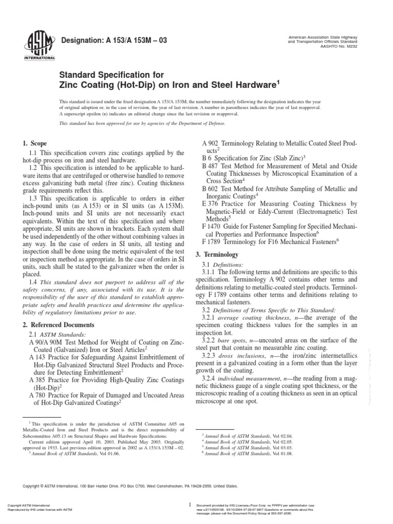 ASTM A153-03 - Zinc Coating (Hot-Dip) On Iron and Steel Hardware | PDF | Galvanization | Materials