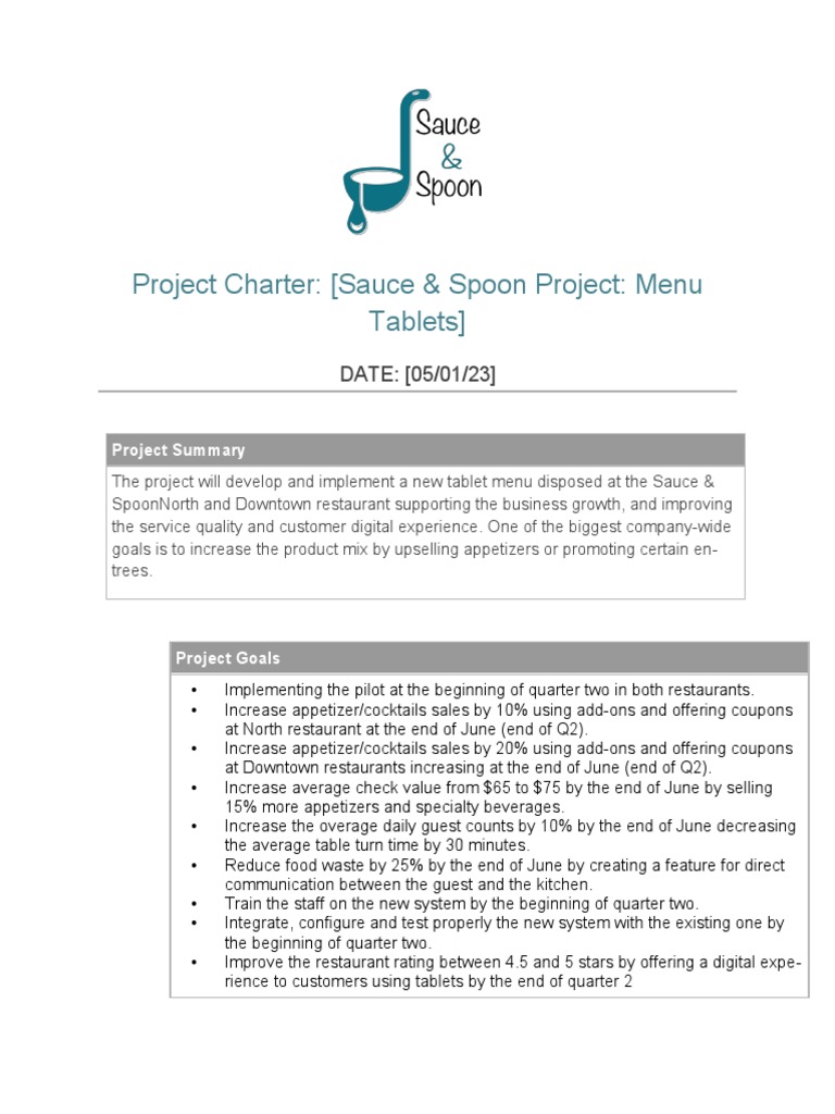Sauce & Spoon Project Charter - Menu Tablets | PDF | Menu | Restaurants