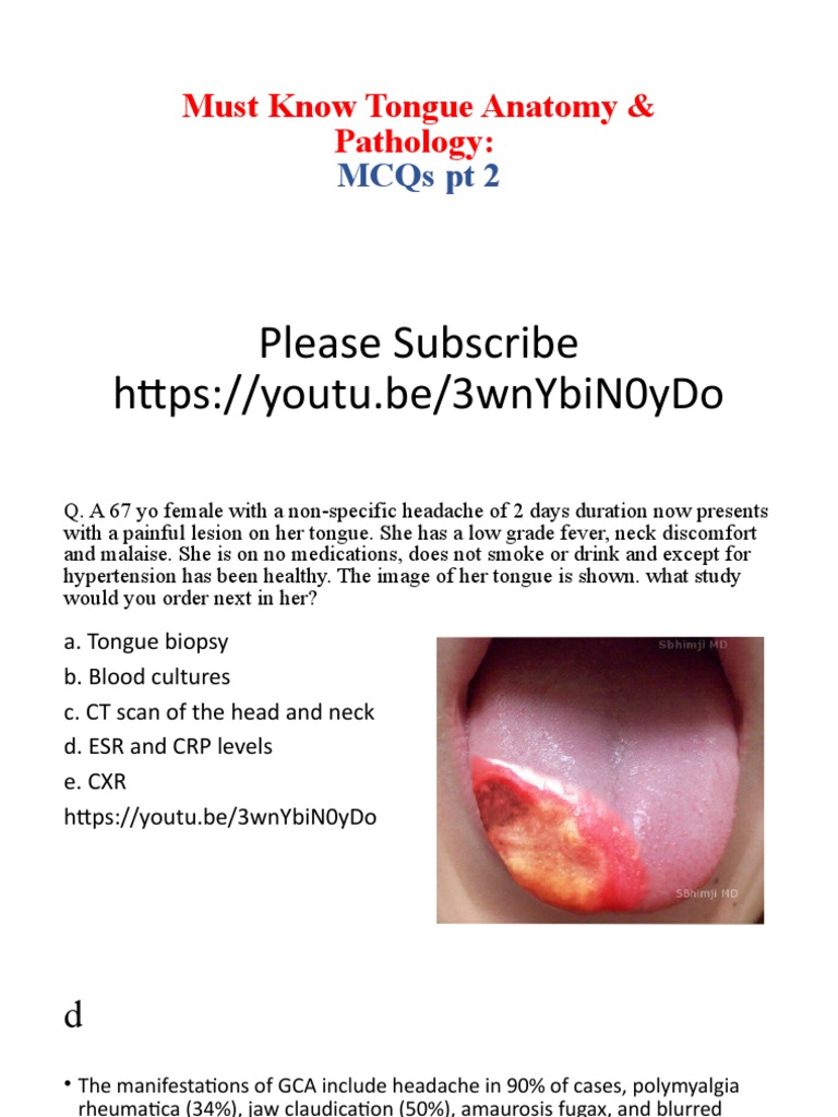Tongue Anatomy & Pathology MCQs PT 2 | PDF | Medical Imaging | Tongue