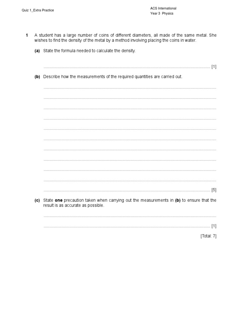 Quiz 1 - Extra Practice - Structured Qns | PDF | Density | Volume