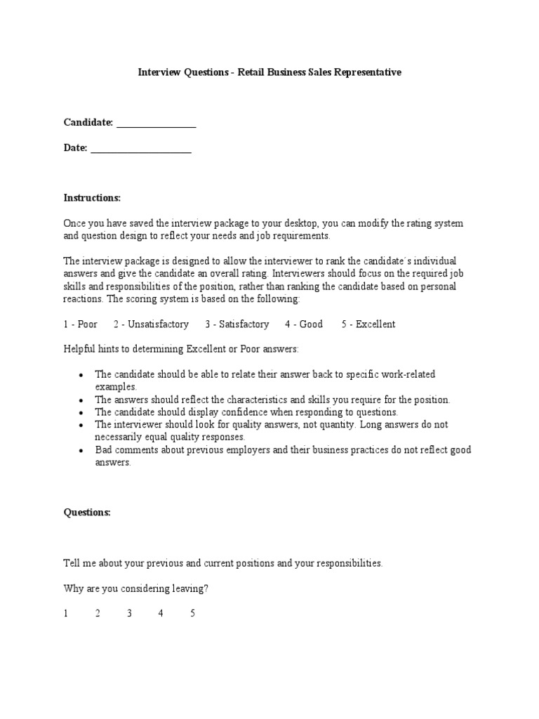Interview Questions - Retail Business Sales Representative | PDF ...