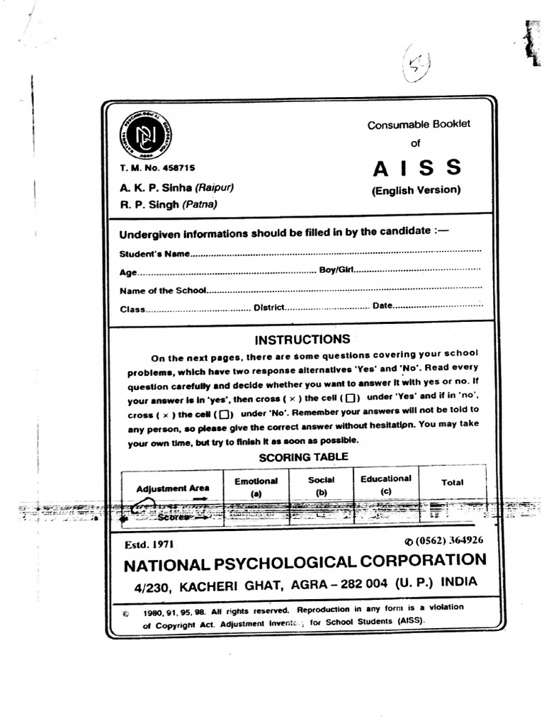 AISS Questionnaire | PDF