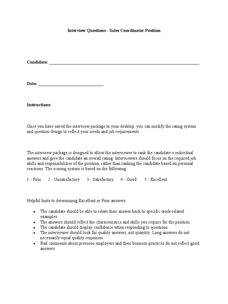 Interview Questions - Sales Coordinator Position | PDF | Psychology ...