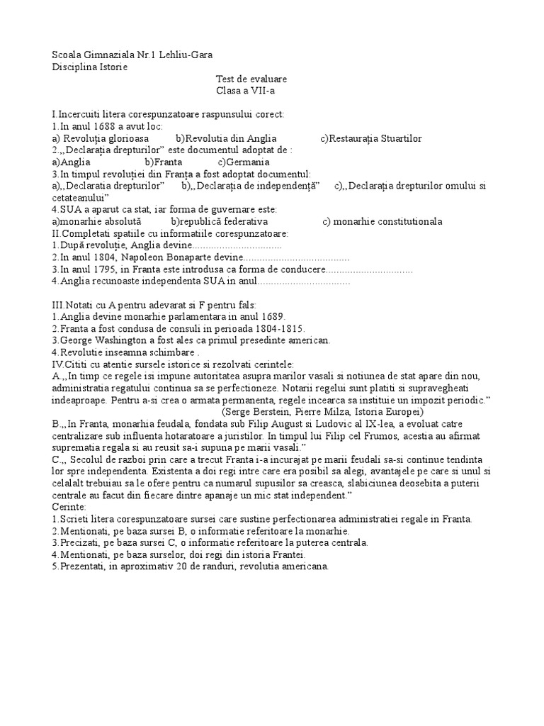 Test Clasa A VII-a | PDF