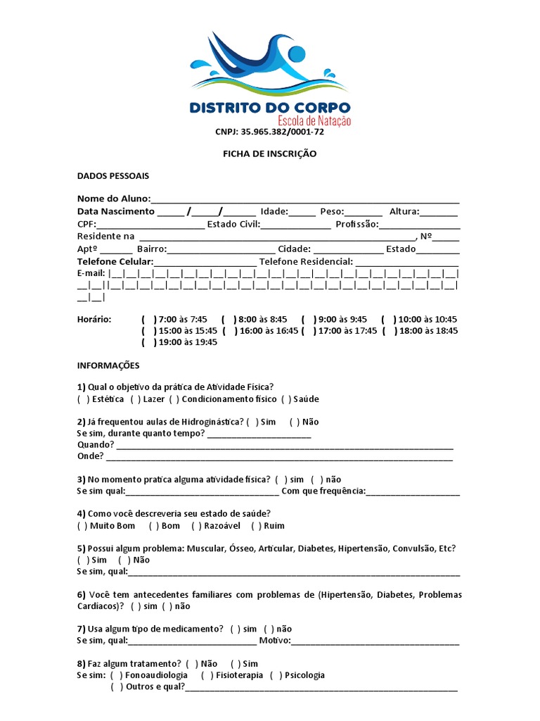 Ficha de Inscrição - Nova 2021-2 | PDF | Ciências da Saúde | Medicina ...
