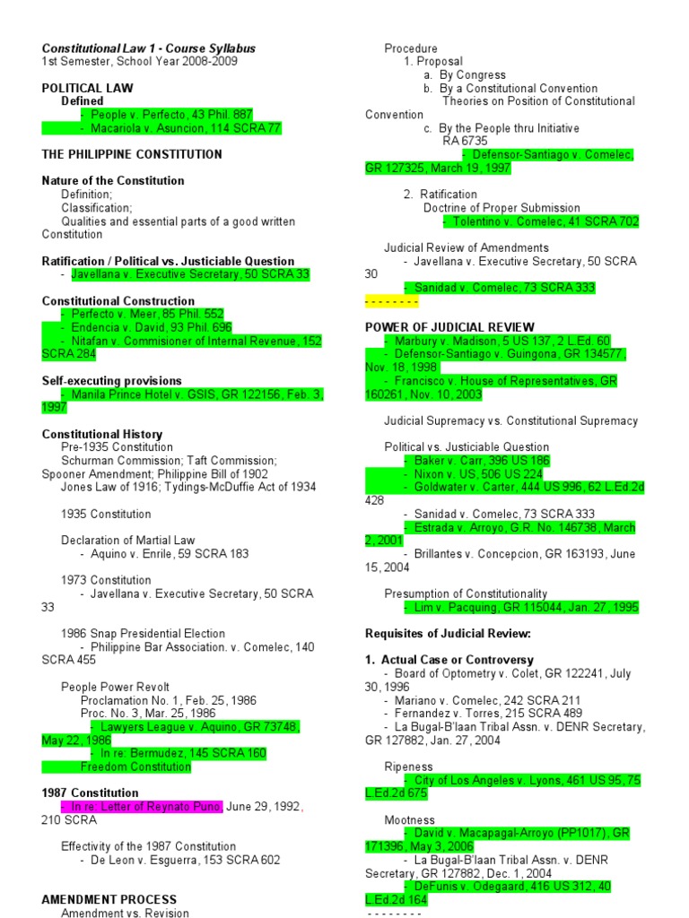 Constitutional Law 1 - Course Syllabus | PDF | Veto | Judiciaries