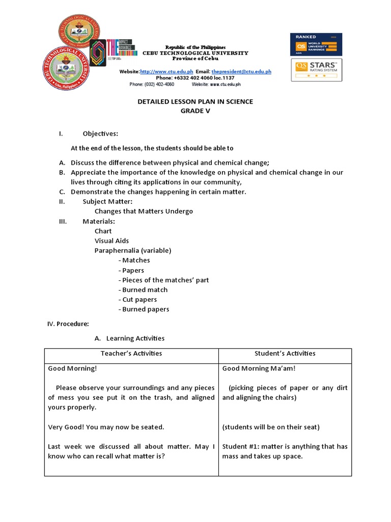 Activity No. 4 - Detailed Lesson Plan On Changes That Matter Undergo ...