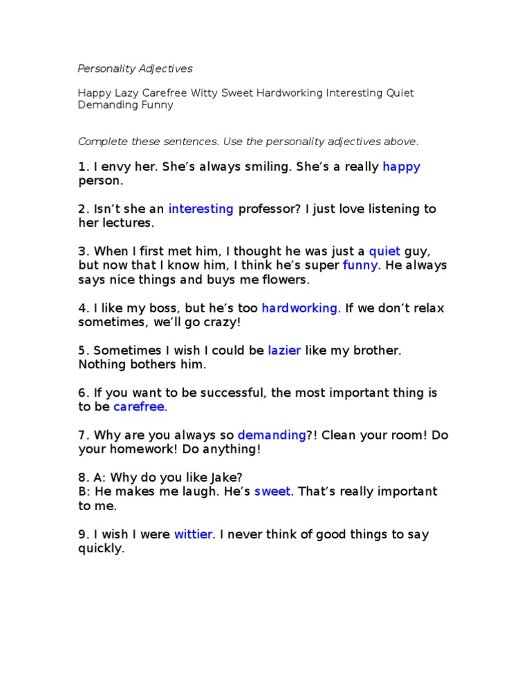 Personality Adjectives Exercise | PDF