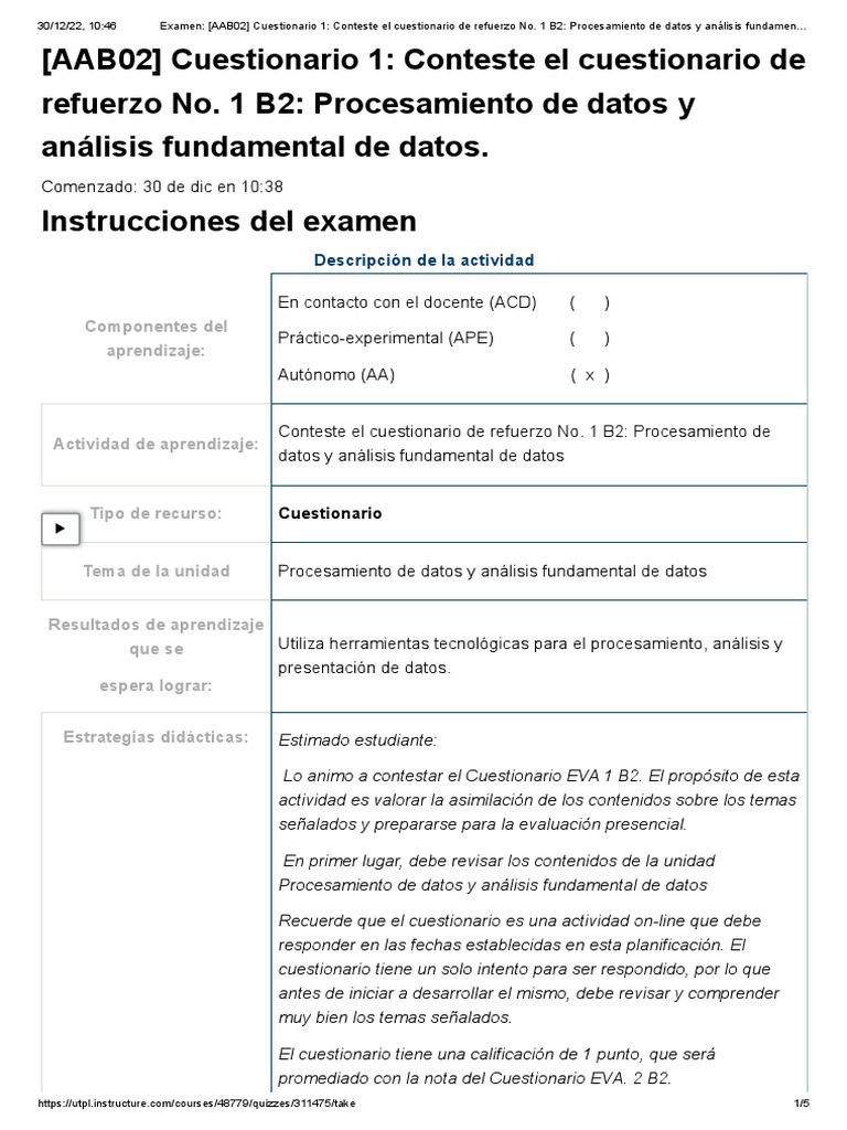 Examen - (AAB02) Cuestionario 1 - Conteste El Cuestionario de Refuerzo ...