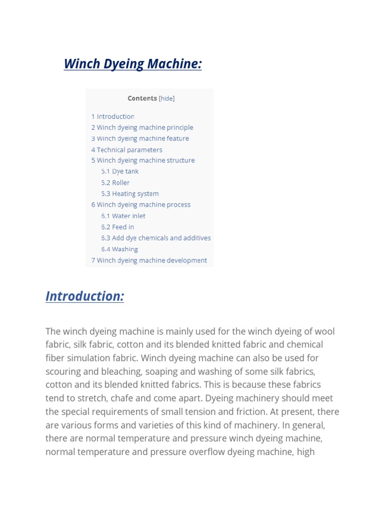 Winch Dyeing Machine Overview and Features | PDF | Textiles | Dyeing