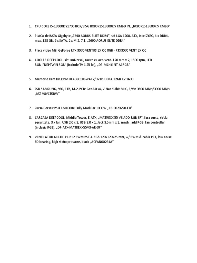 High-Performance PC Components List | PDF | Computers | Technology & Engineering