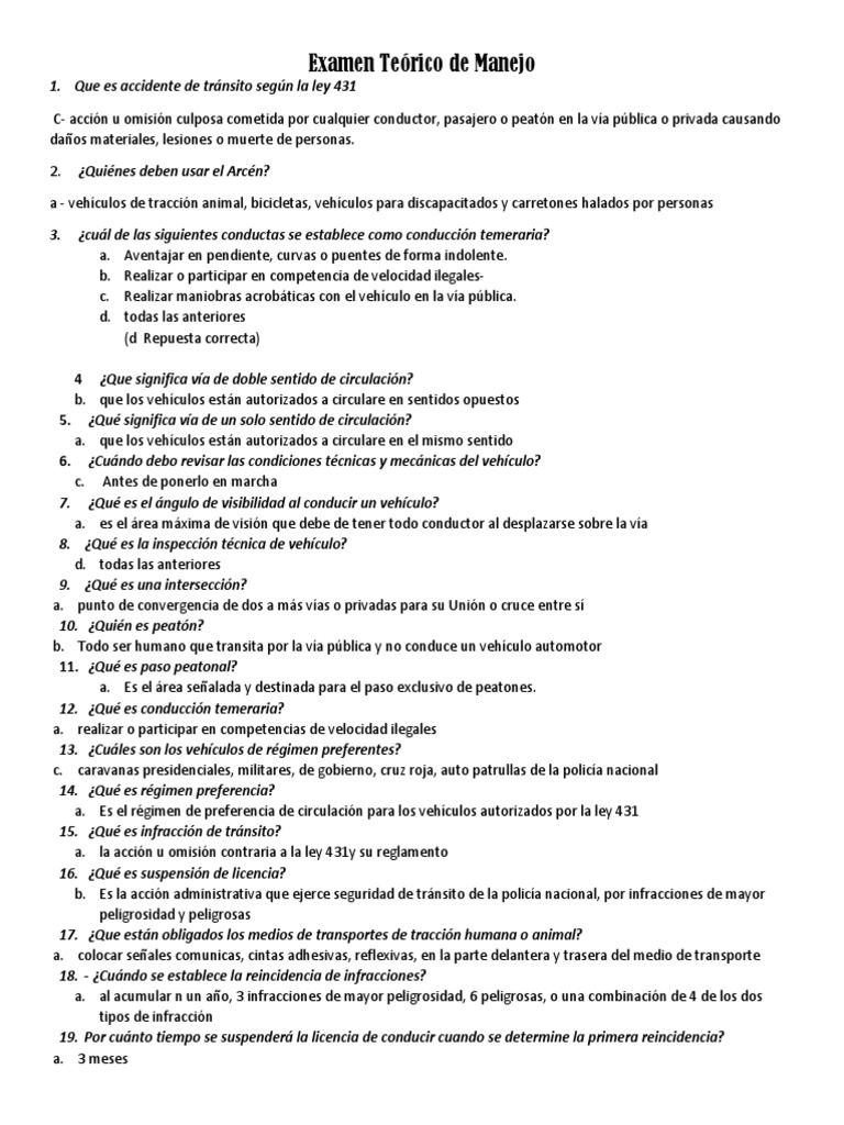Examen Teorico de Manejo. | PDF | Licencia de conducir | Peatonal