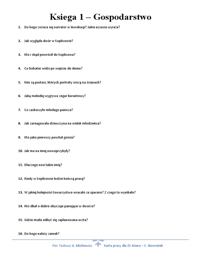 Test Z Lektury Pan Tadeusz Ksiega 12 Years