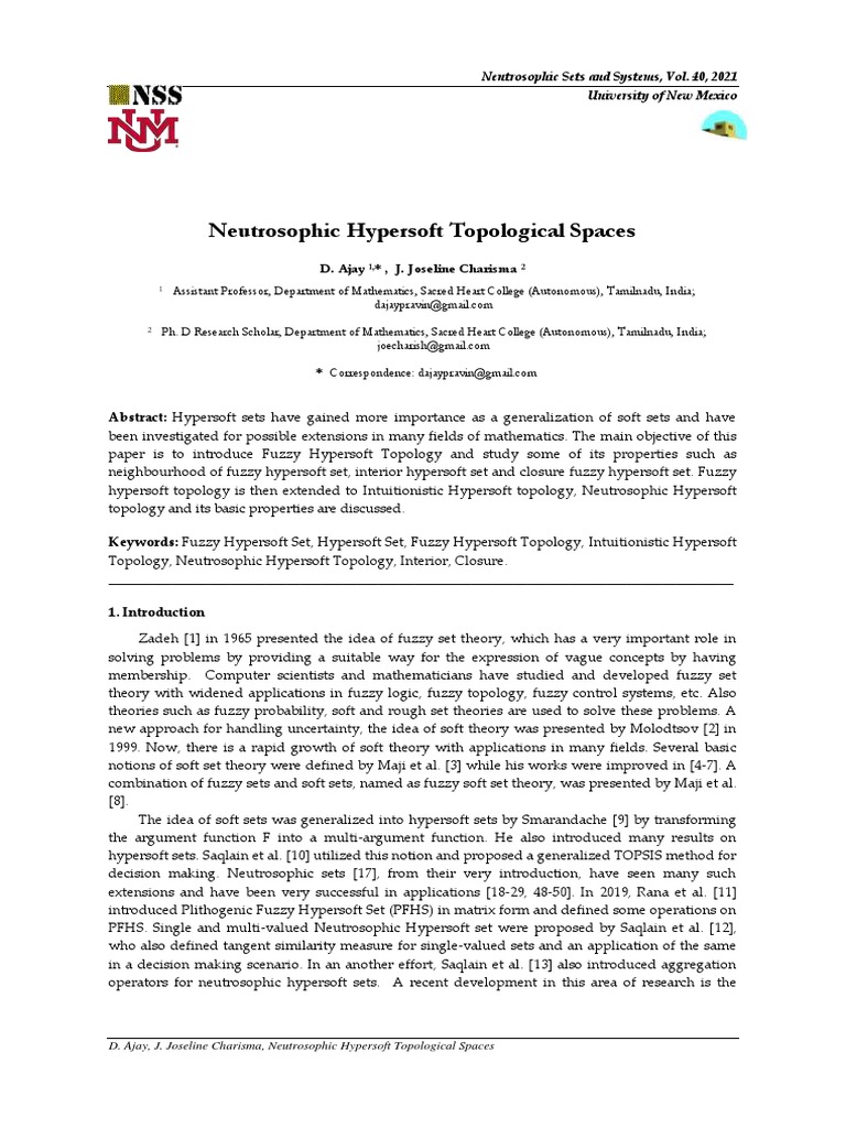Neutrosophic Hypersoft Topological Spaces | PDF | Fuzzy Logic | Topology