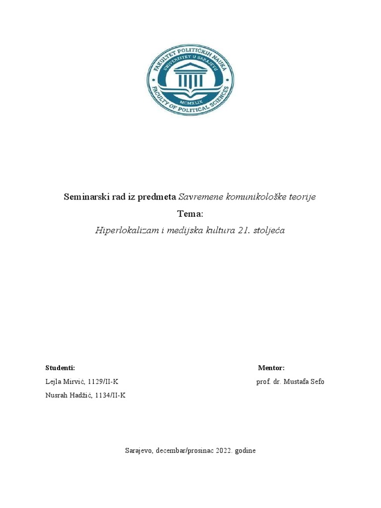 Seminarski Rad Iz Predmeta Savremene Komunikološke Teorije Tema | PDF