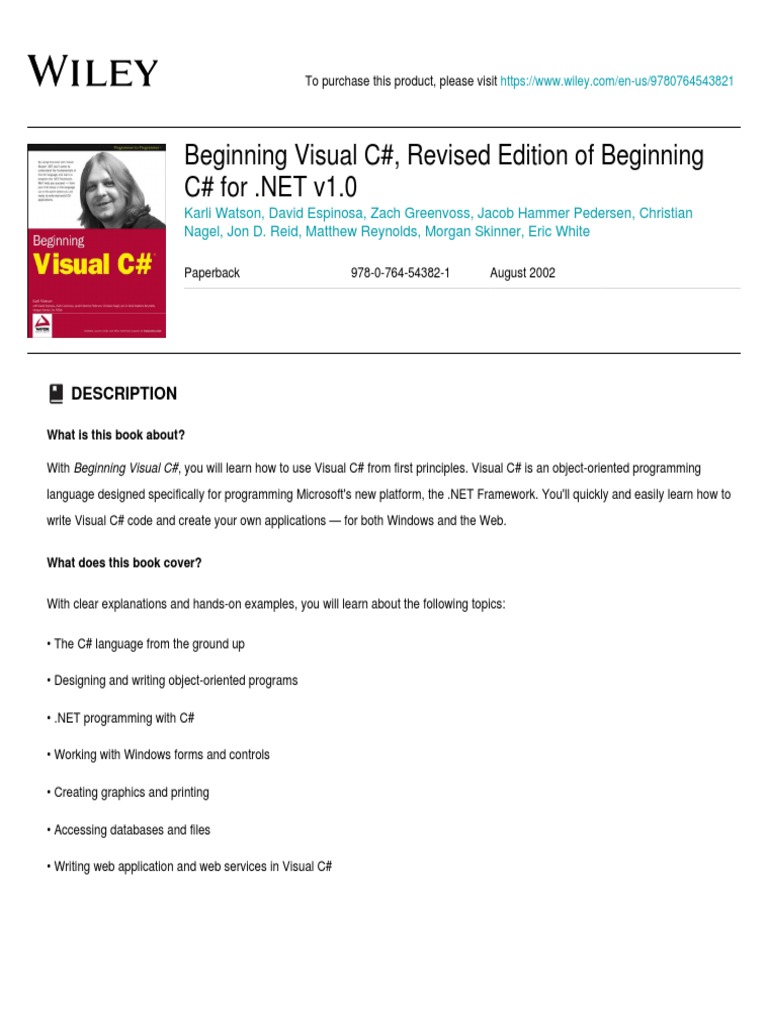 Wiley Beginning Visual C Revised Edition Of Beginning C For Net V10 978 0 764 54382 1 