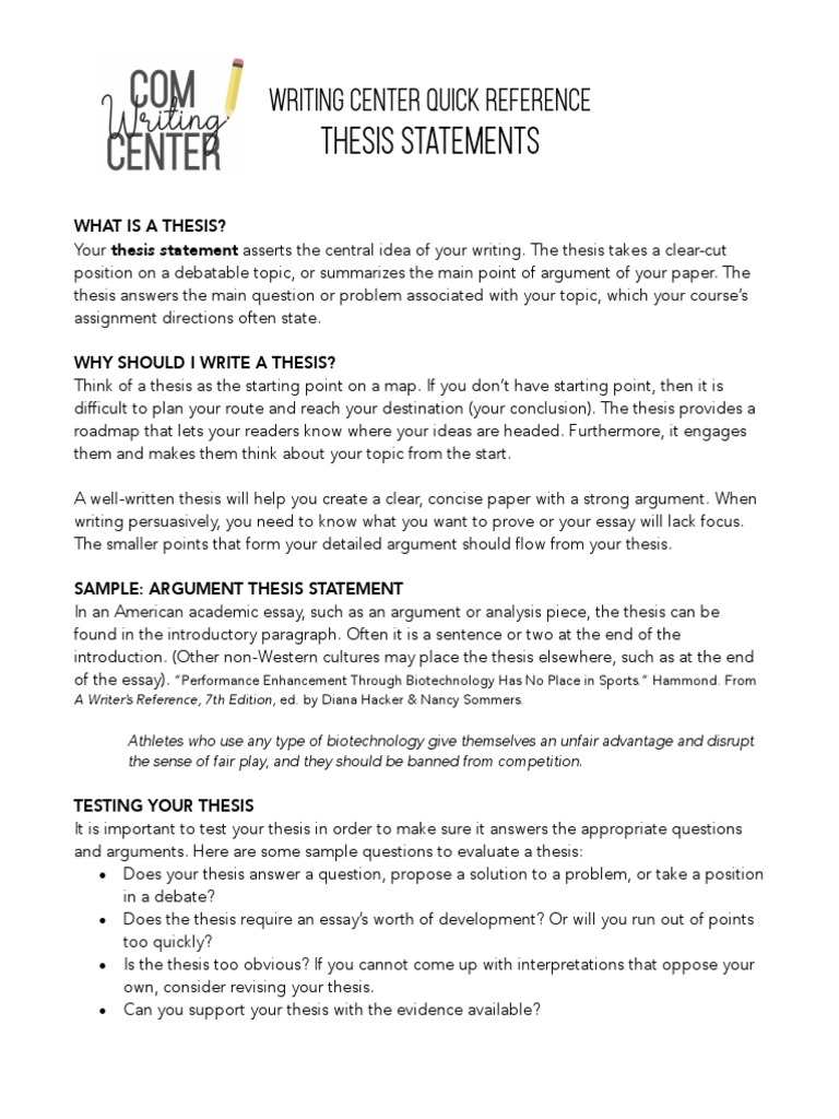 Writing Center Quick Guide to Thesis Statements | PDF | Essays | Argument