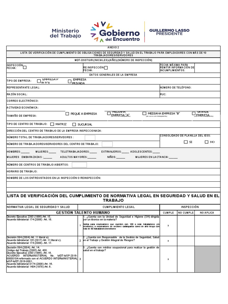 Lista de Verificaci N Seguridad y Salud en El Trabajo M S de 10 Trabajadores | PDF | Cuidado de ...