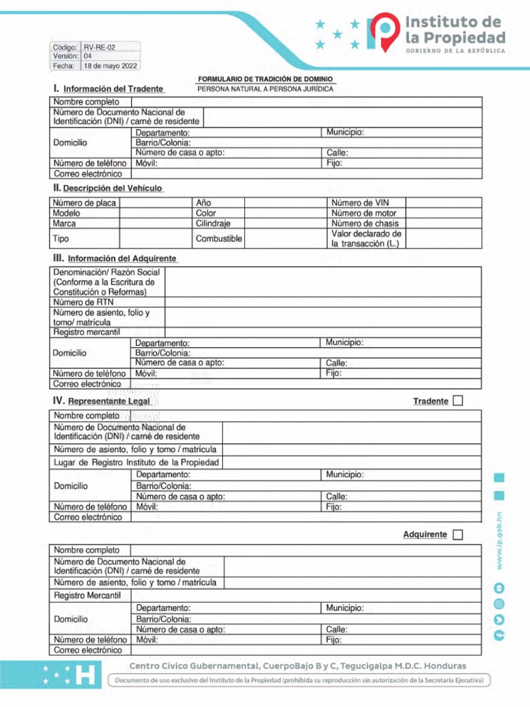 Rv-Re-02 Formulario Tradicion de Dominio Vehicular Persona Natural A Juridica | PDF