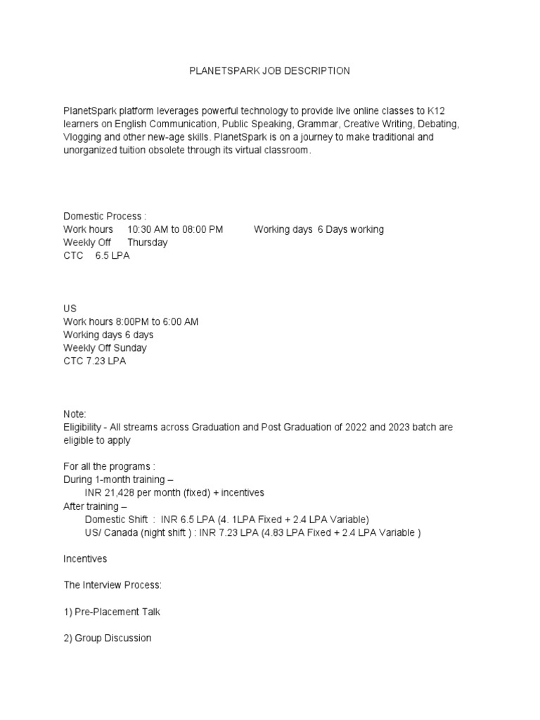 Planetspark Job Description | PDF