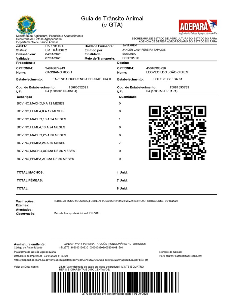 Guia de Trânsito Animal PA | PDF
