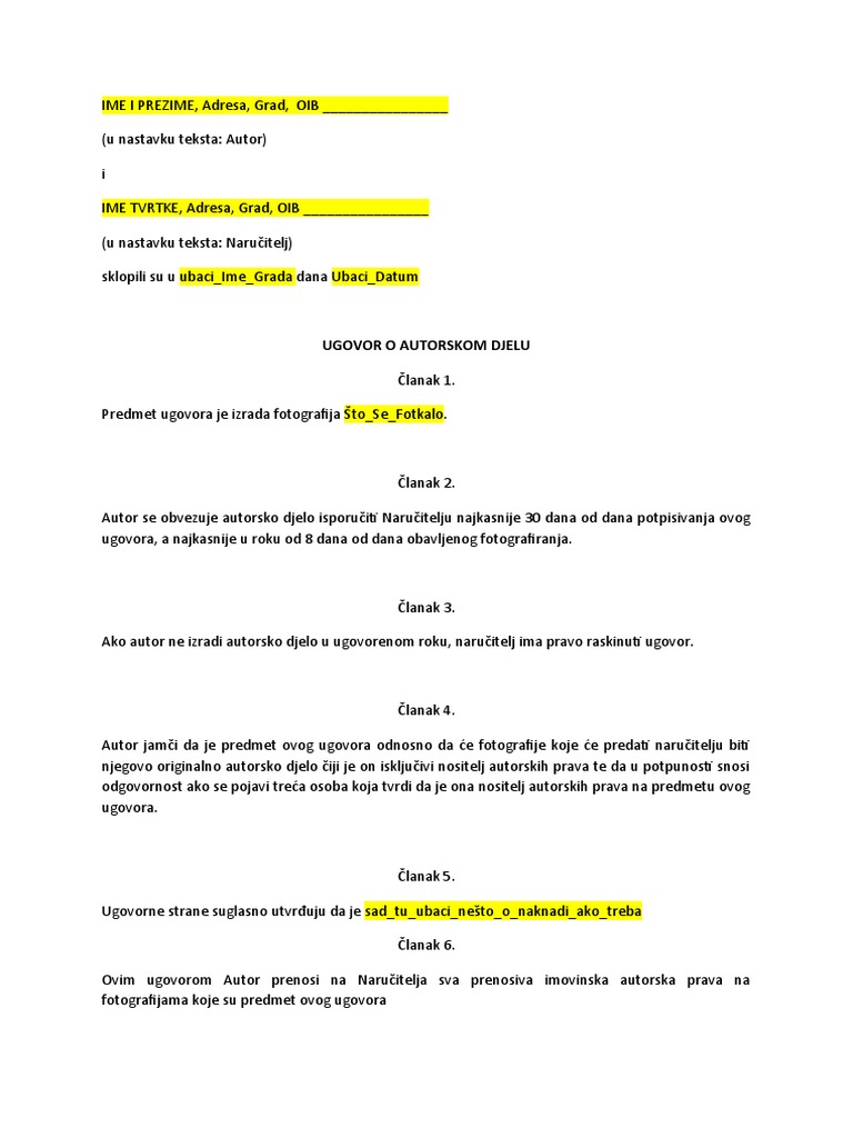 Ugovor o Autorskom Djelu - Primjer | PDF