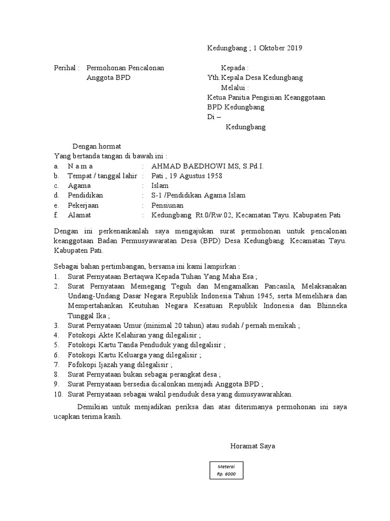 Surat Lamaran Calon Anggota BPD | PDF