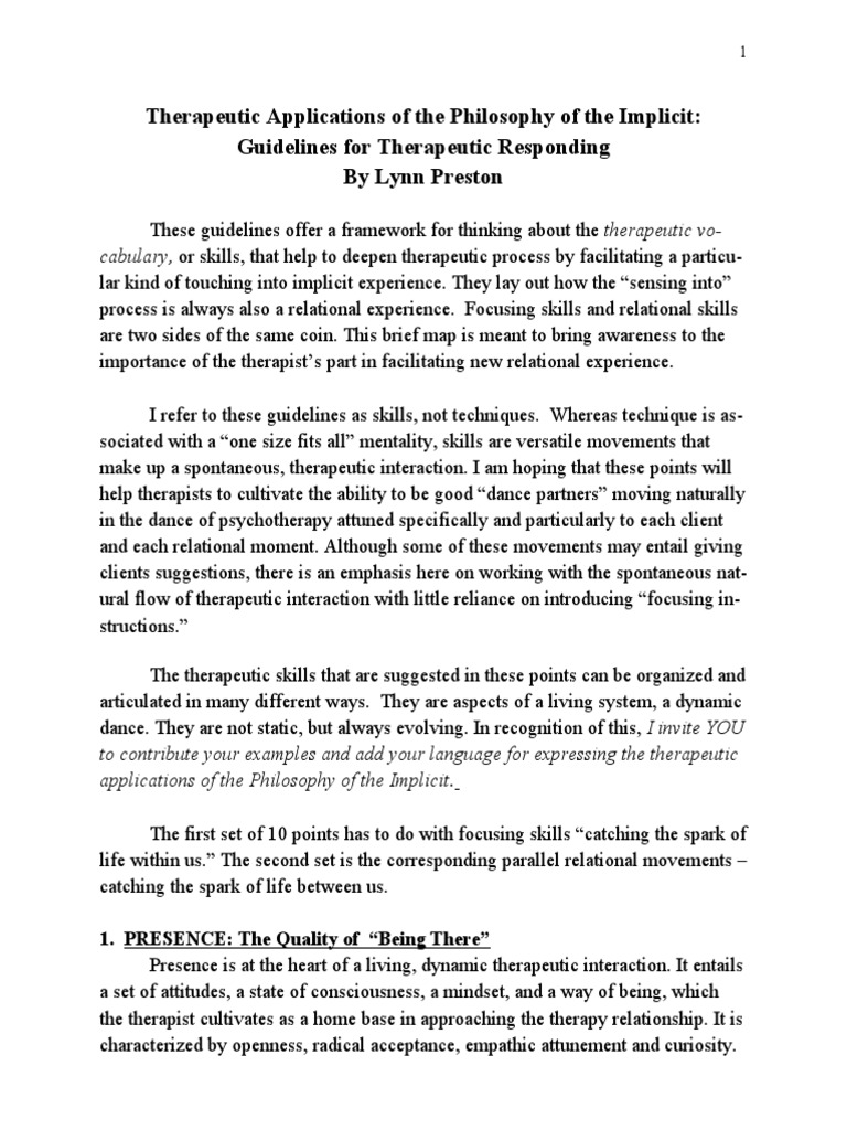 Therapeutic Applications of The Philosophy of The Implicit Guidelines For Therapeutic Responding ...