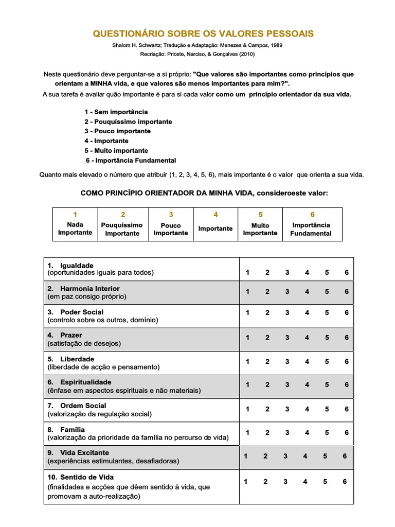Questionario Valores Pessoais | PDF
