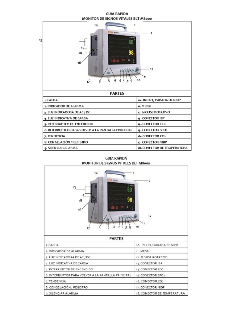 Monitor de Signos Vitales BLT M8000: Guía Rápida | PDF
