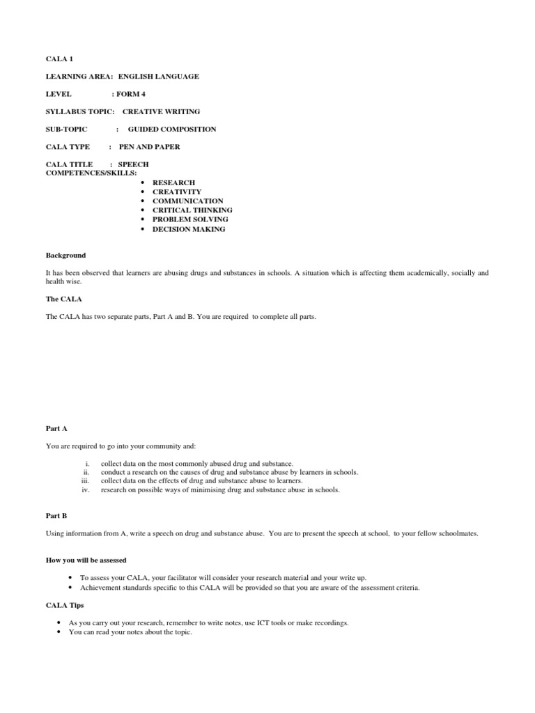 Cala 1 English Form 4 | PDF | Learning | Substance Abuse