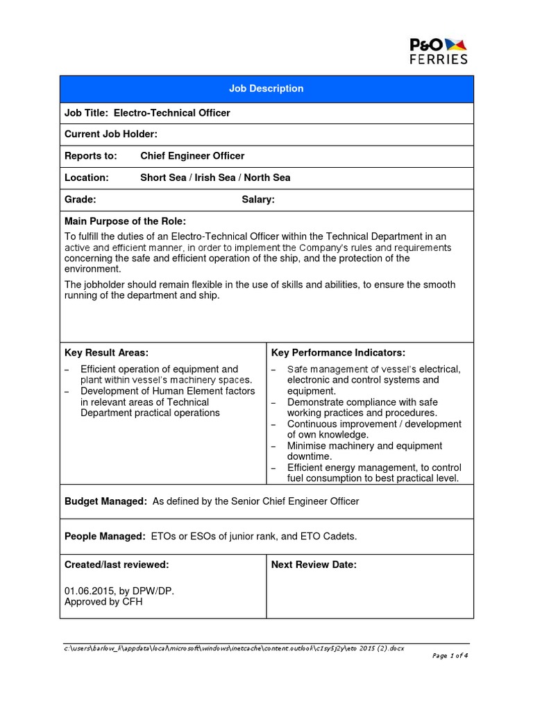 Electro-Technical Officer Job Description | PDF | Ships | United States ...