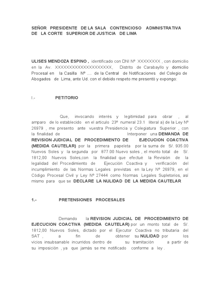Demanda de Revisión Judicial de Procedimiento de Ejecución Coactiva por Multas Impagas contra el ...