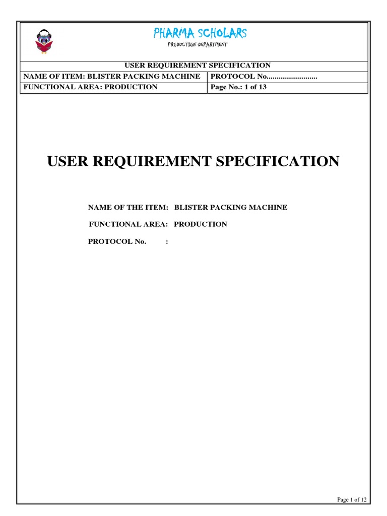 URS For Blister Packing Machine | PDF | Verification And Validation ...