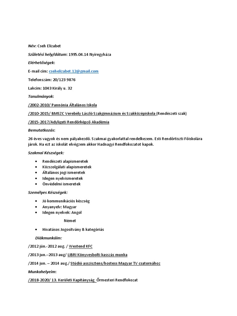 Önéletrajz Cseh Elizabet | PDF