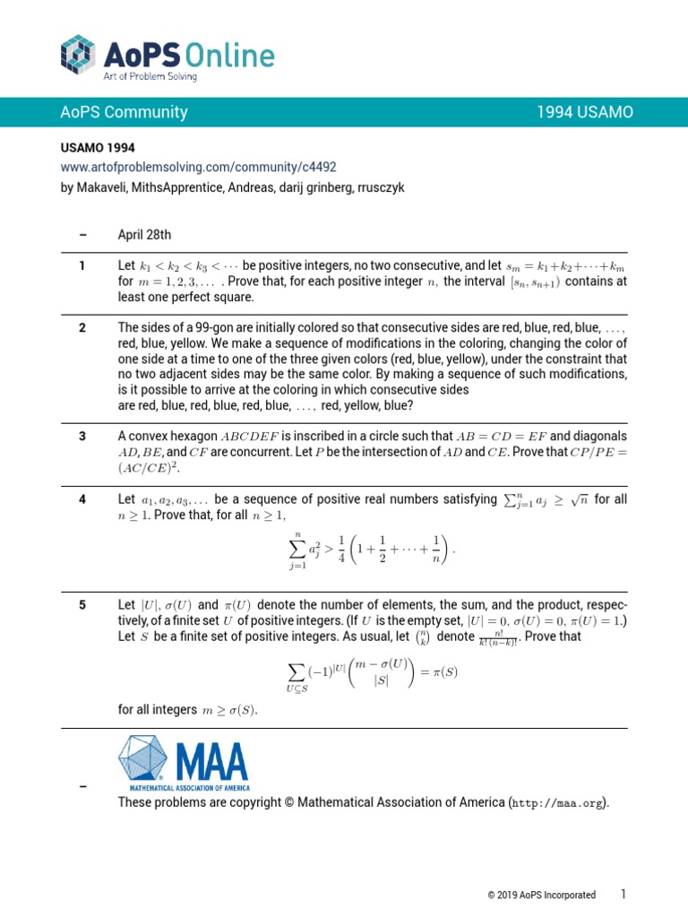 1994 Usamo | PDF | Sequence | Discrete Mathematics
