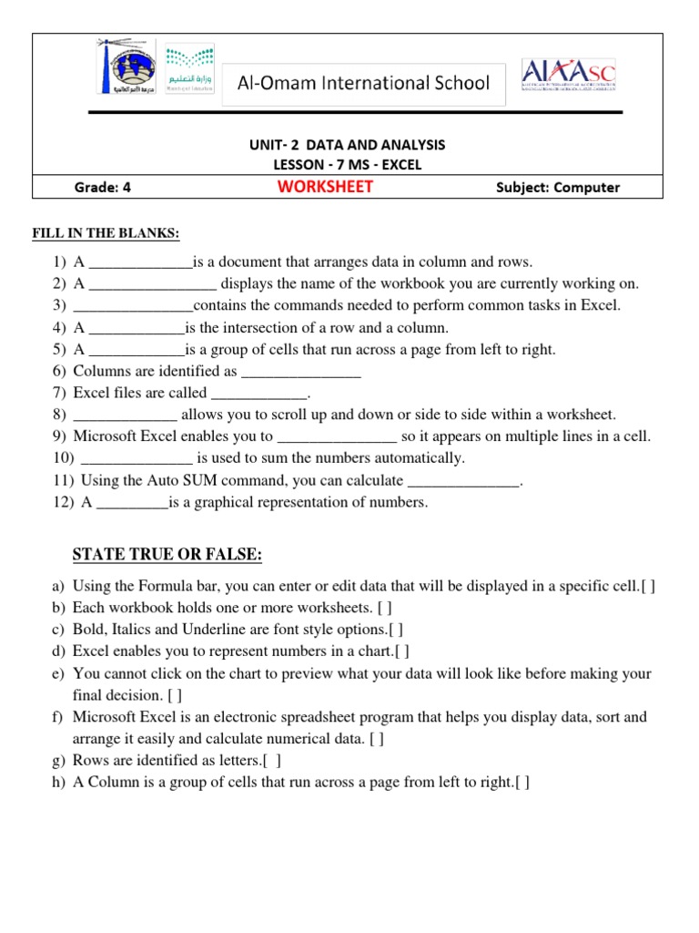Worksheet: Unit-2 Data and Analysis Lesson - 7 Ms - Excel Grade: 4 ...