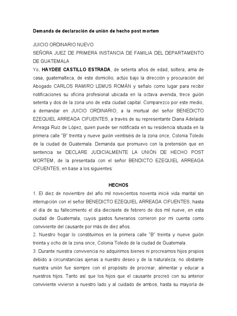 Demanda de Declaración de Unión de Hecho Post Mortem | PDF | Demanda ...