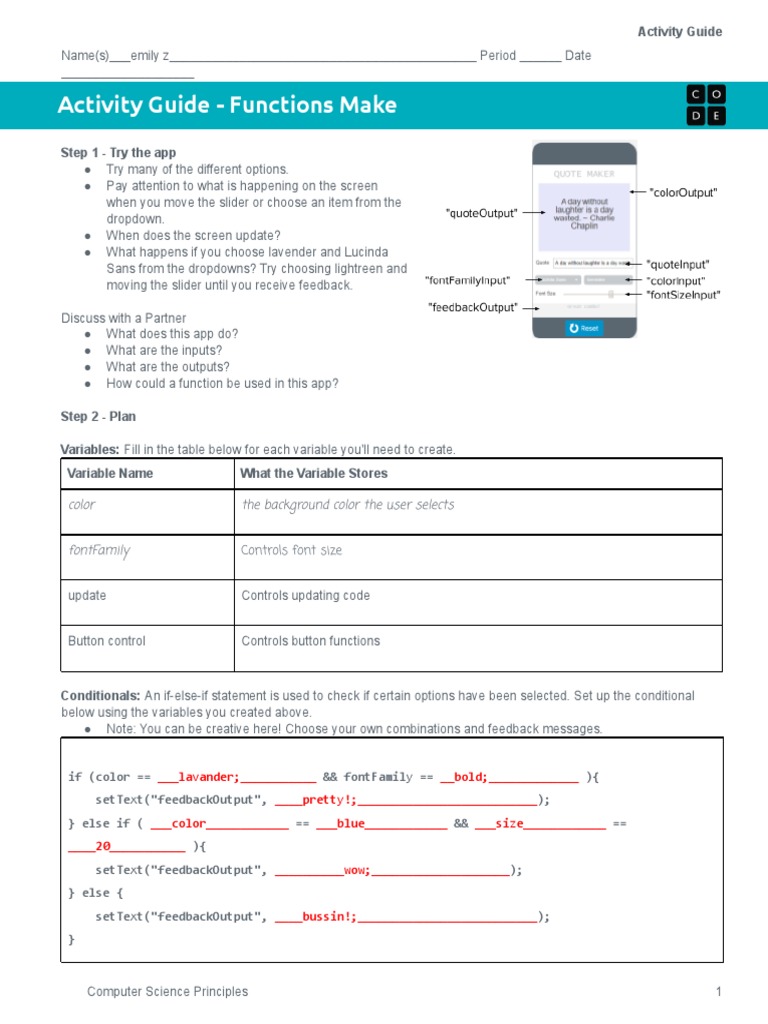 CSP 4.11 - Functions - Make - Activity Guide | PDF | Function ...