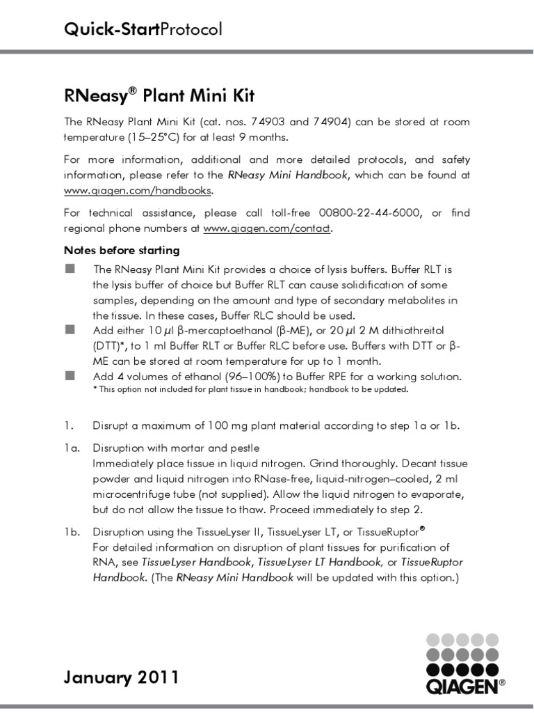 RNeasy Plant Mini Kit | Download Free PDF | Qiagen | Chemistry