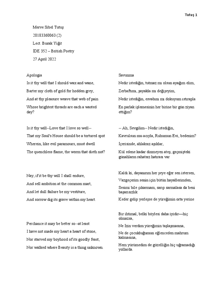Poem Translation (Apologia) | PDF