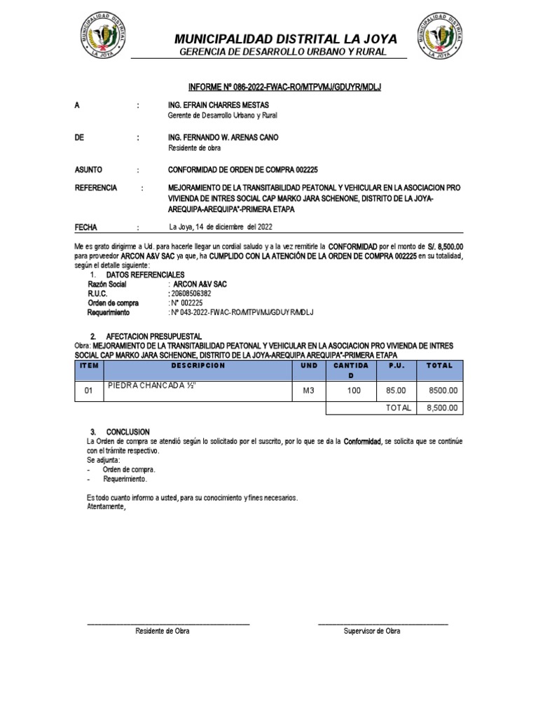 Info. 086 Conf. Oc 002255 Orden de Compra Piedra Chancada 1-2 #Req 043 | PDF | Finanzas y dinero