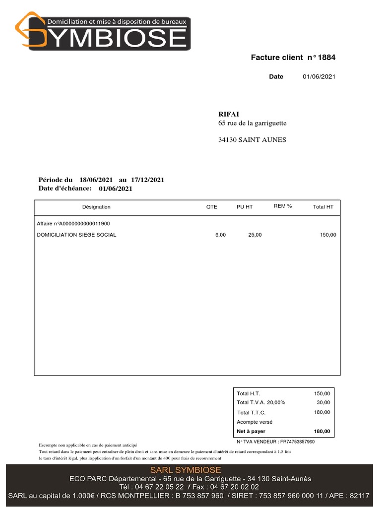 Facture SARL SYMBIOSE1 | PDF
