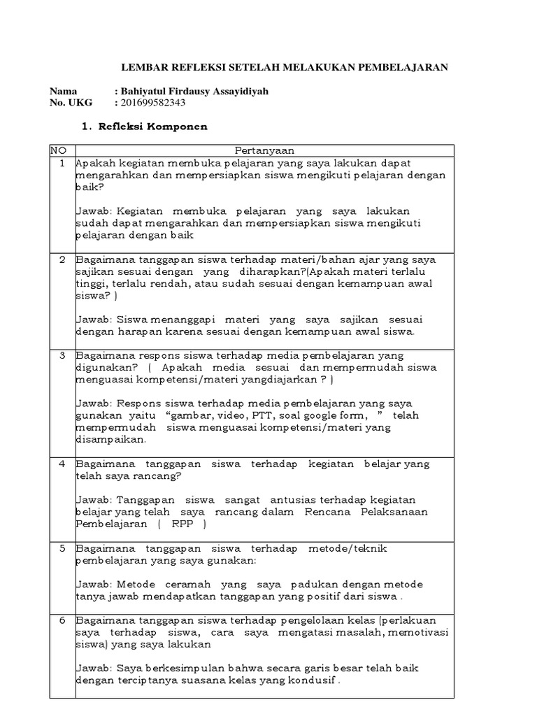 Lembar Refleksi Pembelajaran Baru | PDF