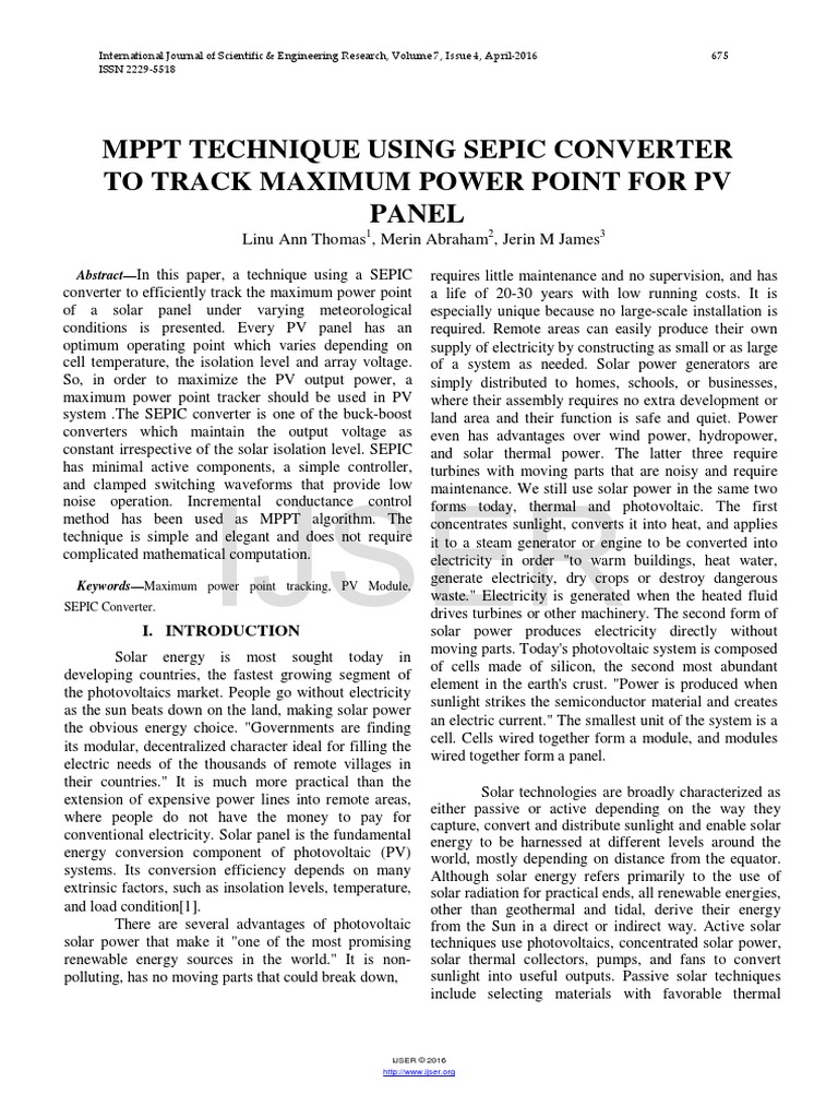 MPPT Technique Using Sepic Converter To Track Maximum Power Point For ...