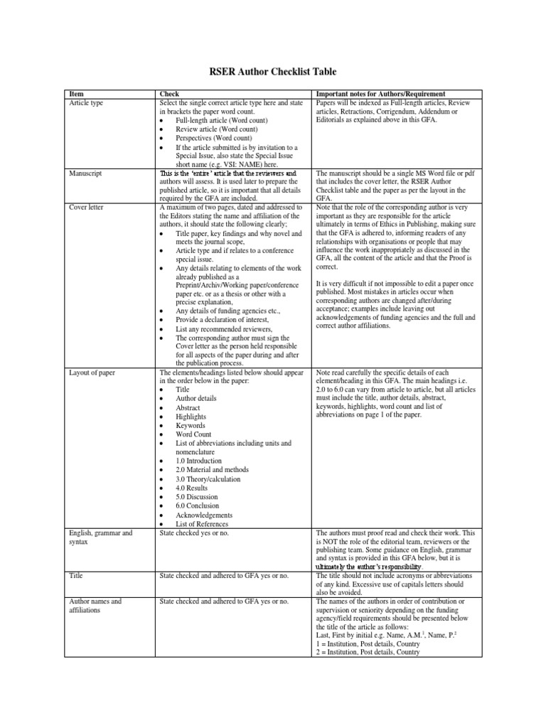RSER Author Checklist Table | PDF | Citation | Page Layout