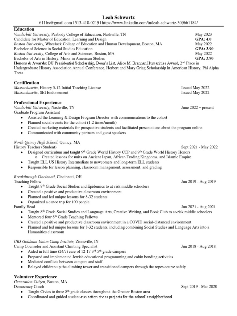 Leah Schwartz Resume 10 | PDF | Bachelor's Degree | Middle Schools