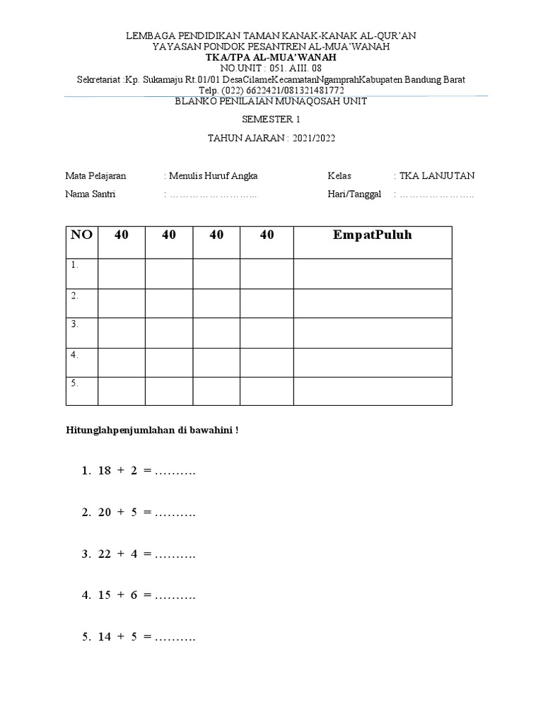 Penilaian Munaqosah TKA Al-Mua'wanah | PDF