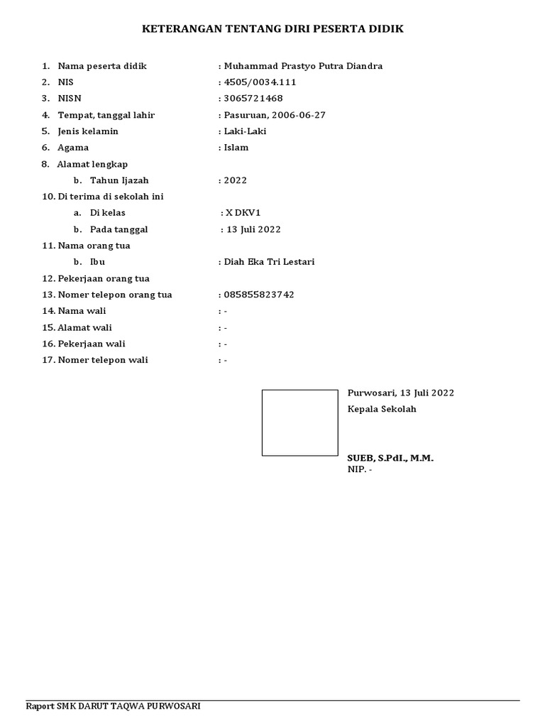 Biodata Raport X | PDF