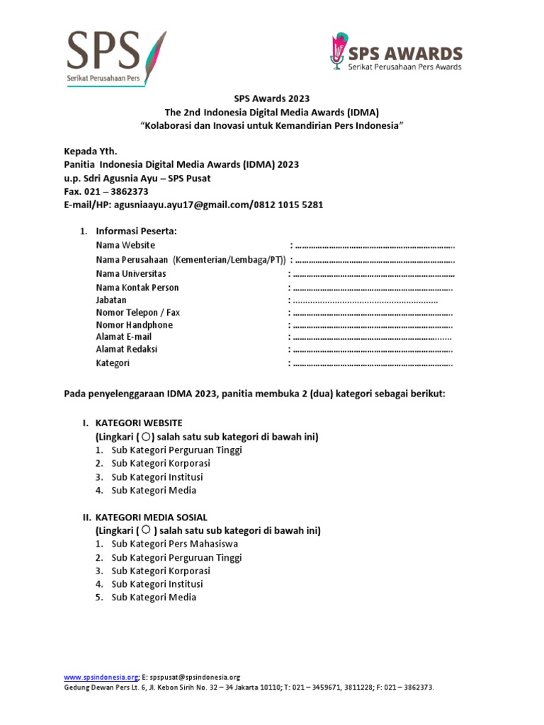 Formulir IDMA SPS AWARDS 2023 | PDF